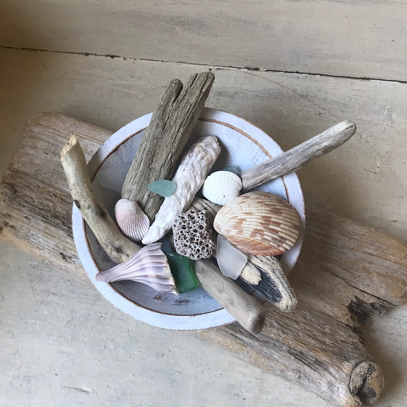 Beach Finds Driftwood Shells Sea Glass in Wooden Bowl A Walk - Etsy