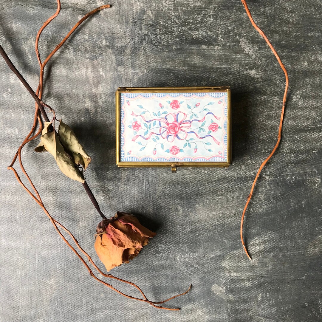 Glass Jewelry Box With Roses and Ribbons, Vintage Stained Glass Ring ...