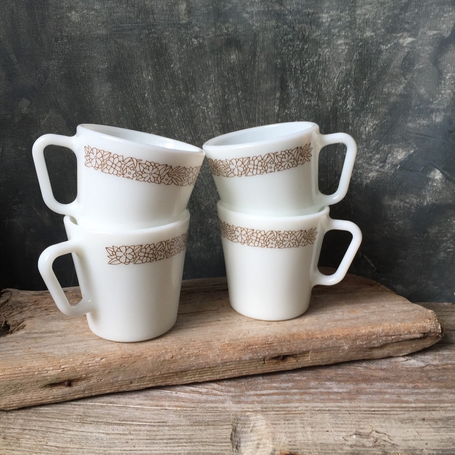 Pyrex Mugs Woodland Brown Vintage Set of 4 Milk Glass Cups | Etsy