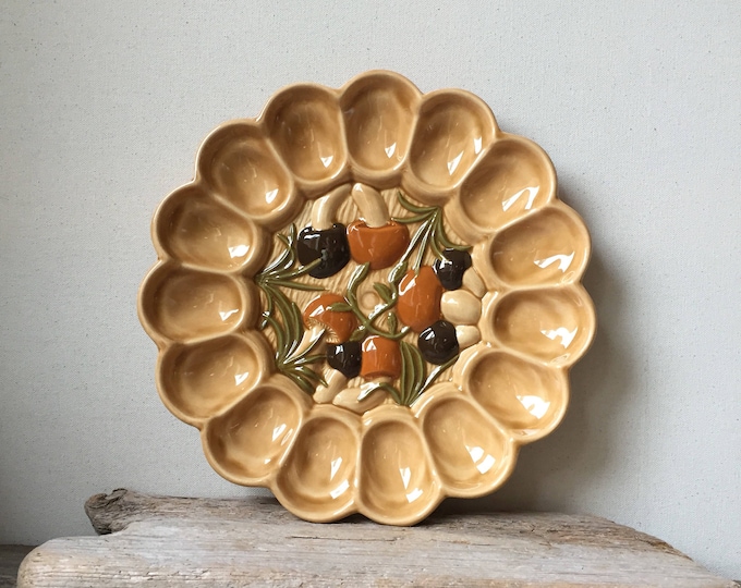 Deviled Egg Plate | Vintage Ceramic Mushroom Egg Platter | Gold and ...