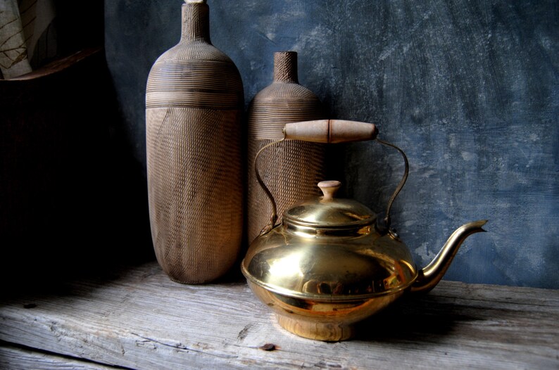 Brass Tea Pot, Vintage Rustic Brass Tea Kettle, Wood Handle Teapot ...