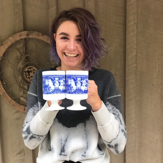 Blue Willow Milk Glass Mugs Two Finger Grip Stacking Mugs - Etsy