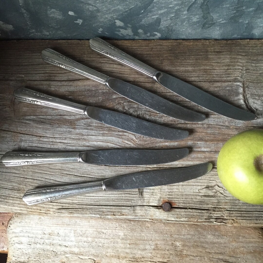 Knife Set With Silver Plate Handles, Set of 5 Vintage Dinner Knives ...