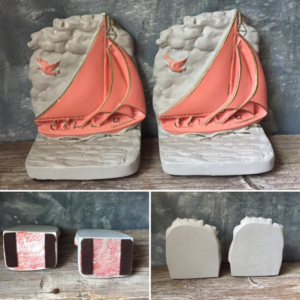 Sailing Ship Bookend Set, Vintage Chalkware Schooner Bookends, Nautical ...