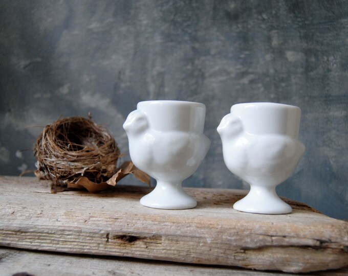 Hen Egg Cup Instant Collection Set of 2: Vintage White Ceramic Chicken ...