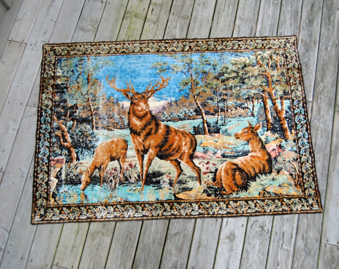 Rustic Deer Forest Scene Tapestry / Vintage Woodland Deer Family Wall ...