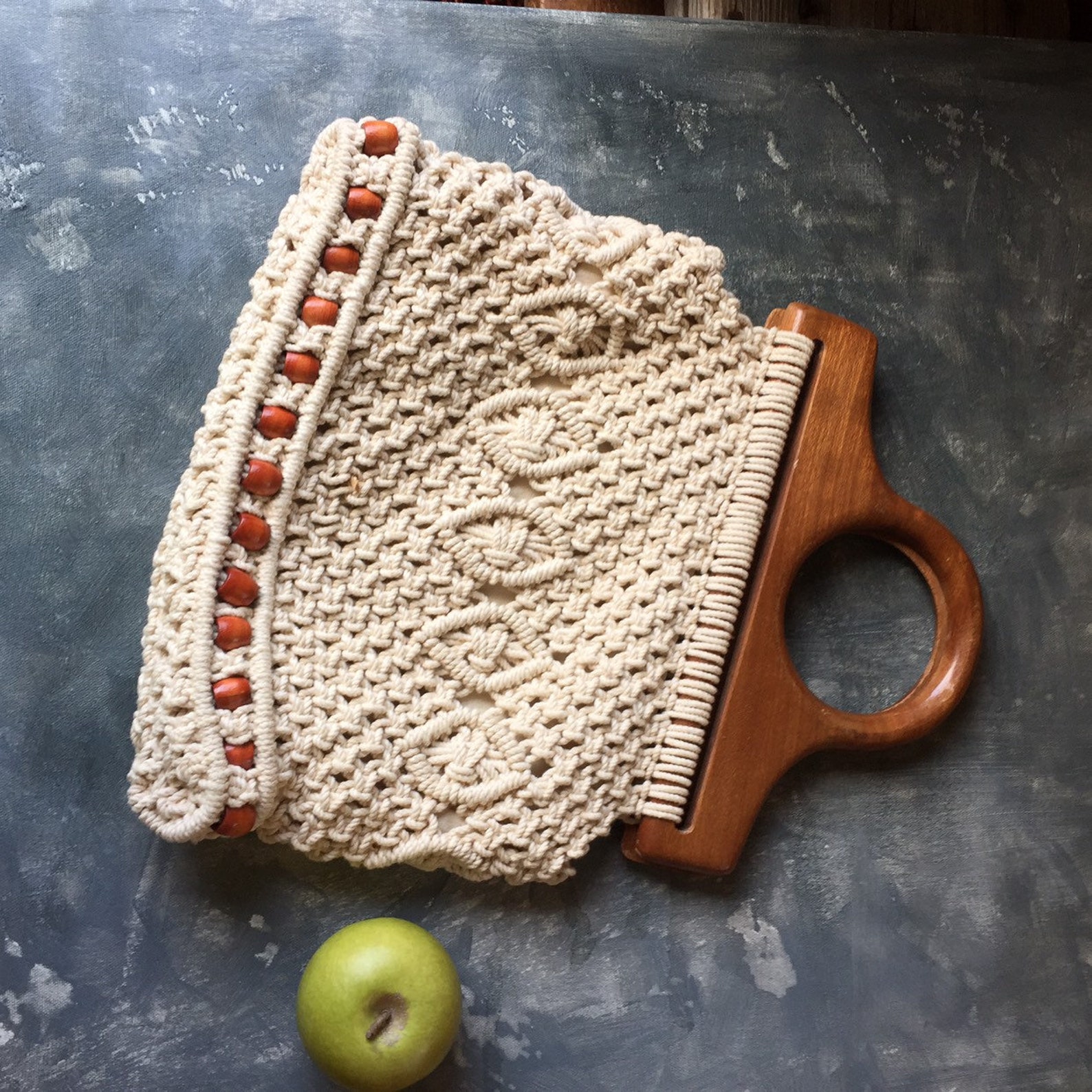 Macrame Purse 1970s Vintage Macrame Tote With Wood Handles | Etsy