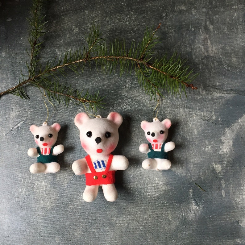 Flocked Bears, Vintage Plastic Bear Tree Ornaments, Christmas ...