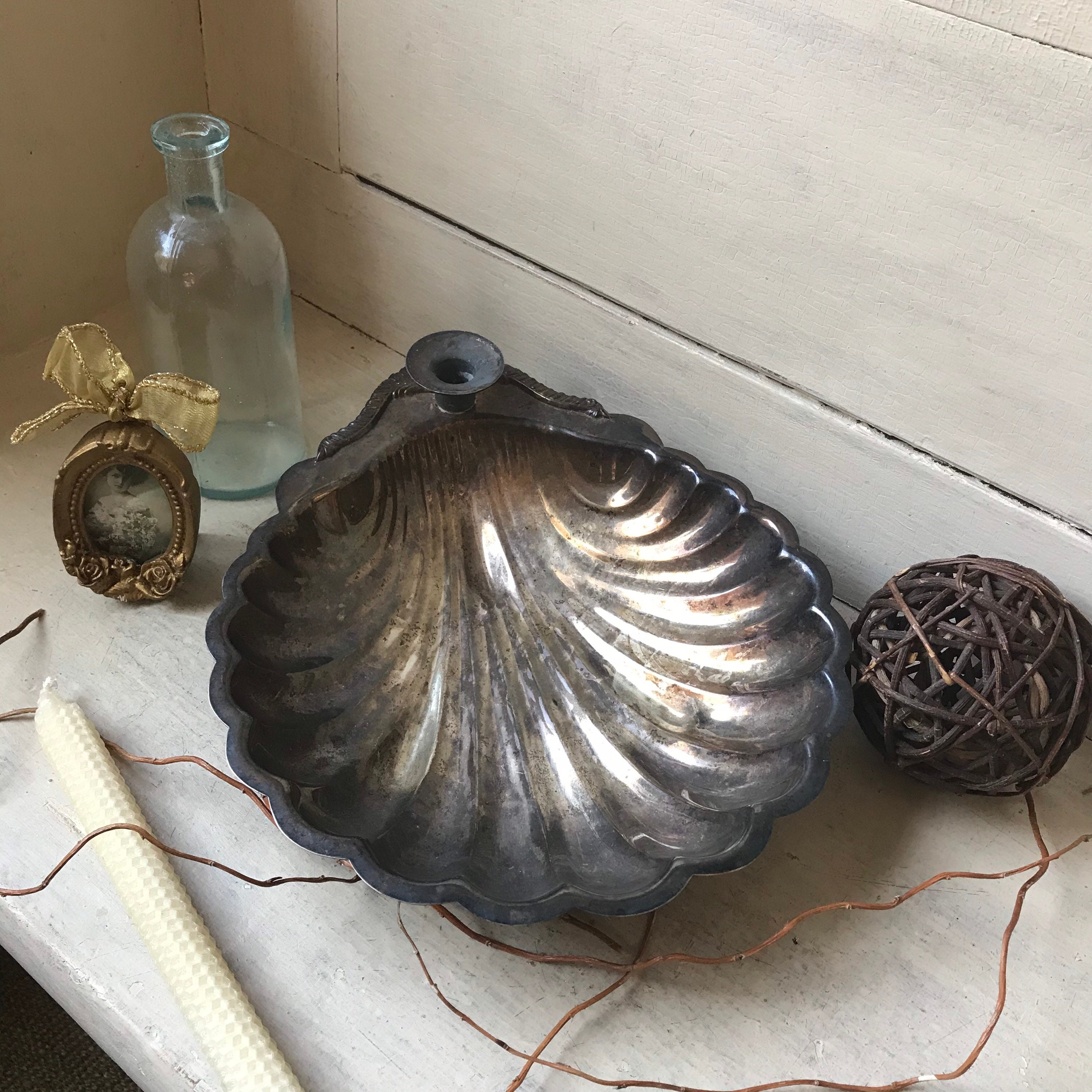 Footed Clam Shell Dish with Candle Holder Vintage Silver | Etsy