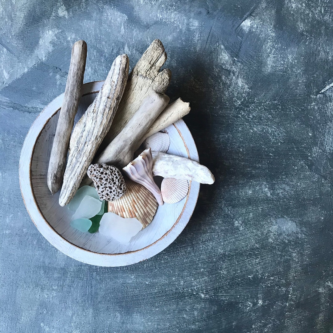 Beach Finds, Driftwood Shells Sea Glass in Wooden Bowl, A Walk on the ...