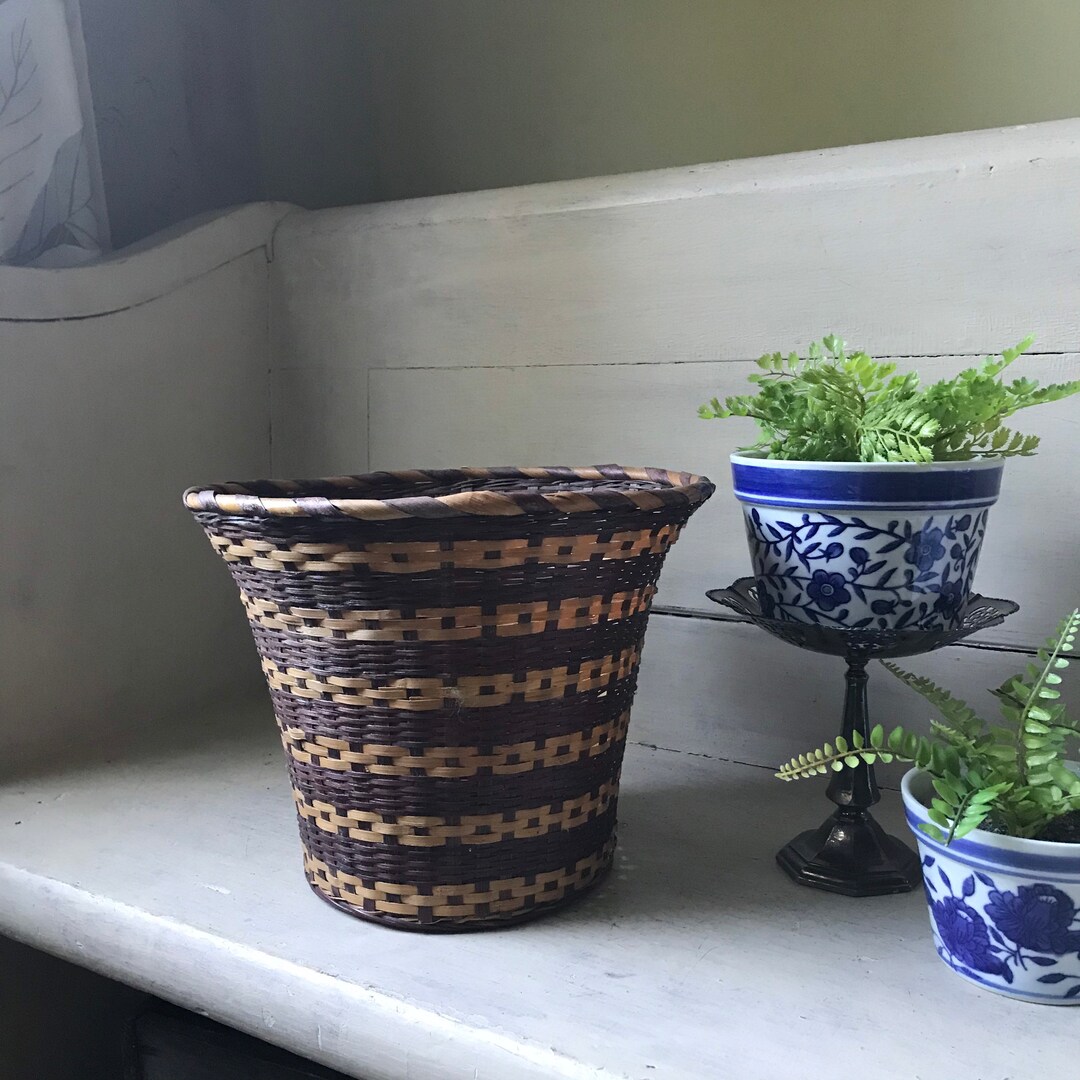 Woven Bamboo Basket, Vintage Wicker Waste Basket, Planter Basket ...