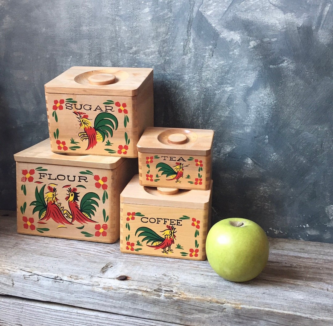 Rooster Wooden Kitchen Canisters, Vintage Four Piece Set of Nesting ...
