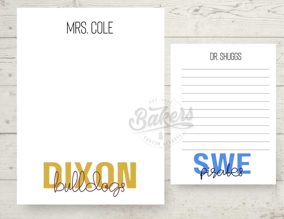 School Spirit Custom Notepad With Teacher Name, School Name and Mascot ...