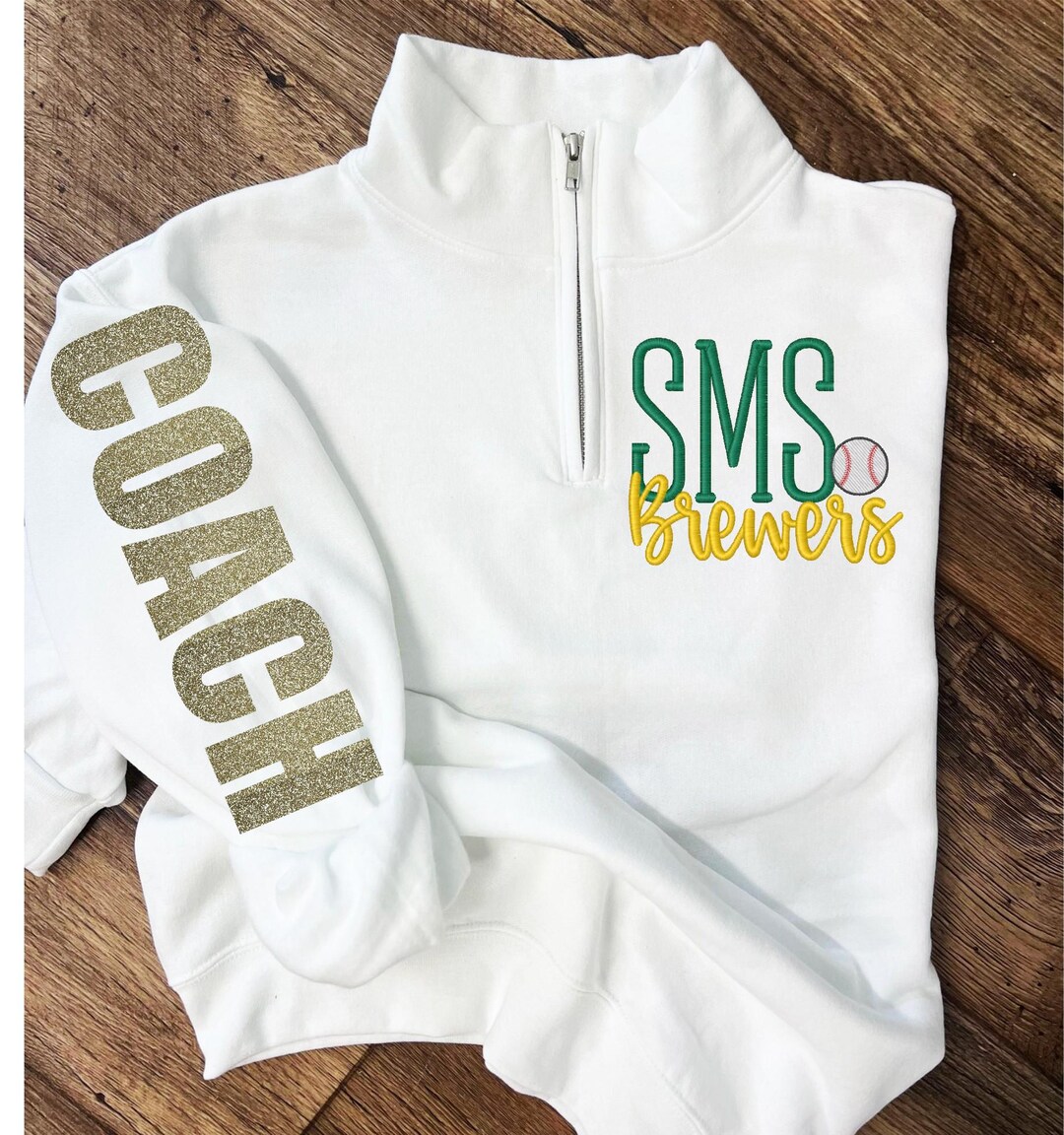 BASEBALL Mascot Quarter Zip Pullover With Name on Sleeve in Glitter or ...