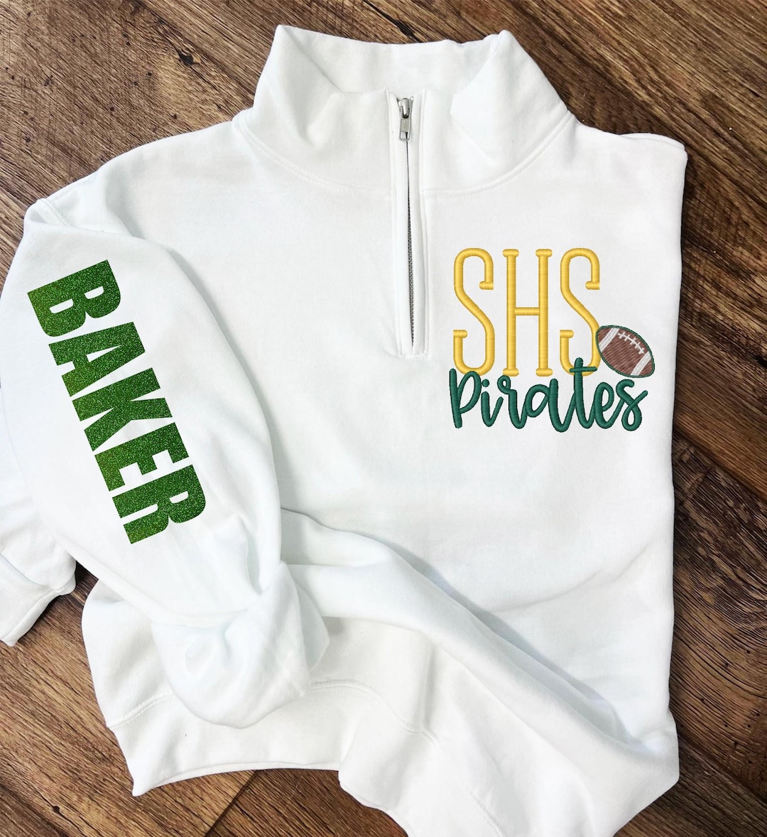 FOOTBALL Mascot Quarter Zip Pullover With Name on Sleeve in Glitter or ...