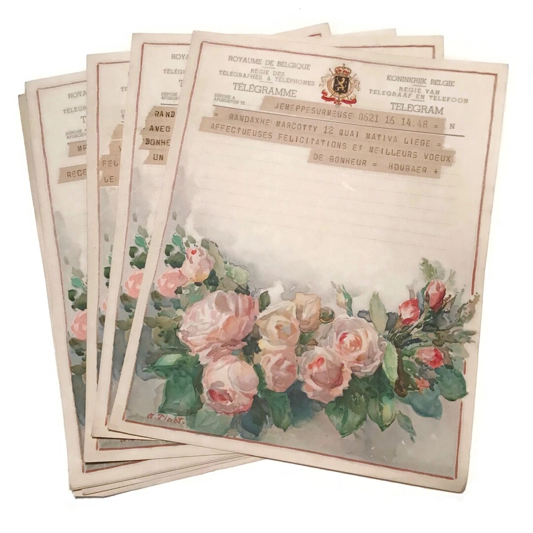 Retro Belgian Telegram With Beautiful Roses Illustration Vintage Paper ...
