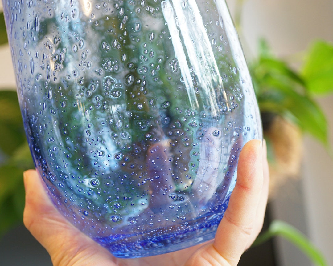 Large Blue Bubble Glass Vase, Organic Shape, Vintage Handmade Hand ...