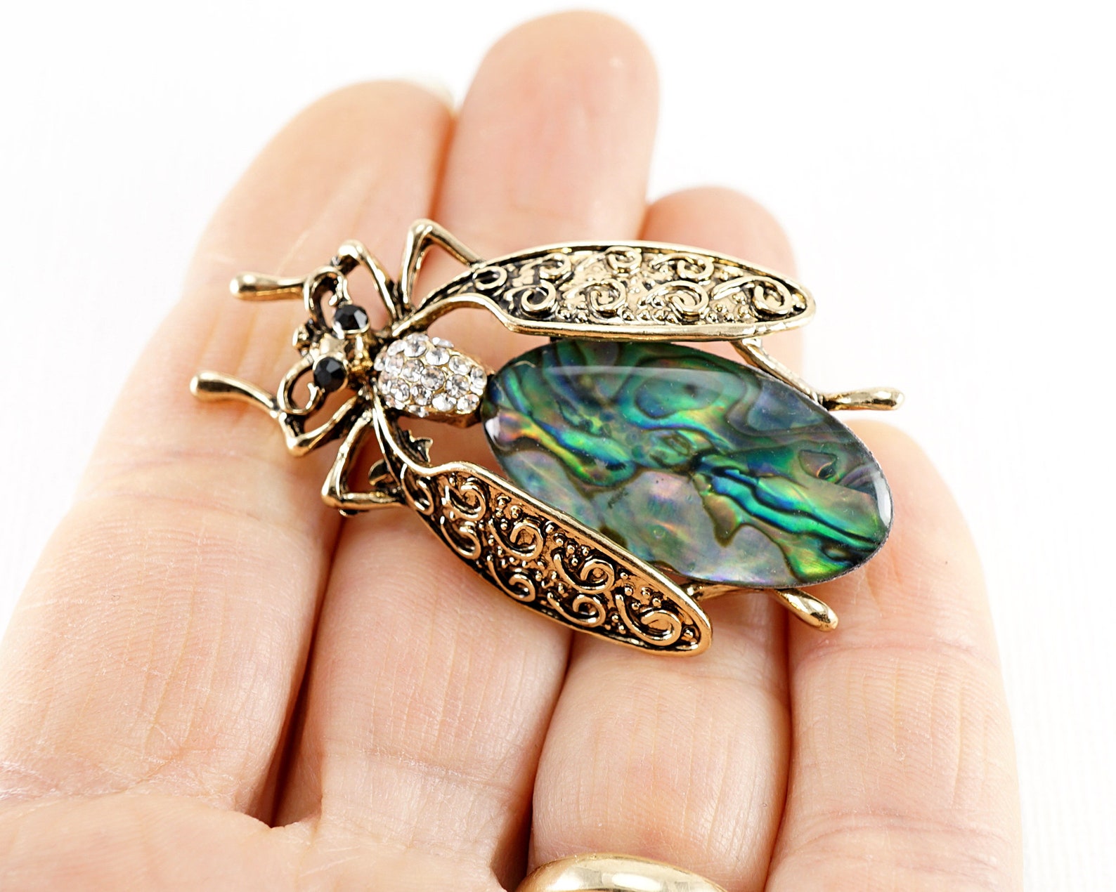Large Abalone Insect Brooch, Golden Fly Brooch, Crystal Bug Brooch, Big ...