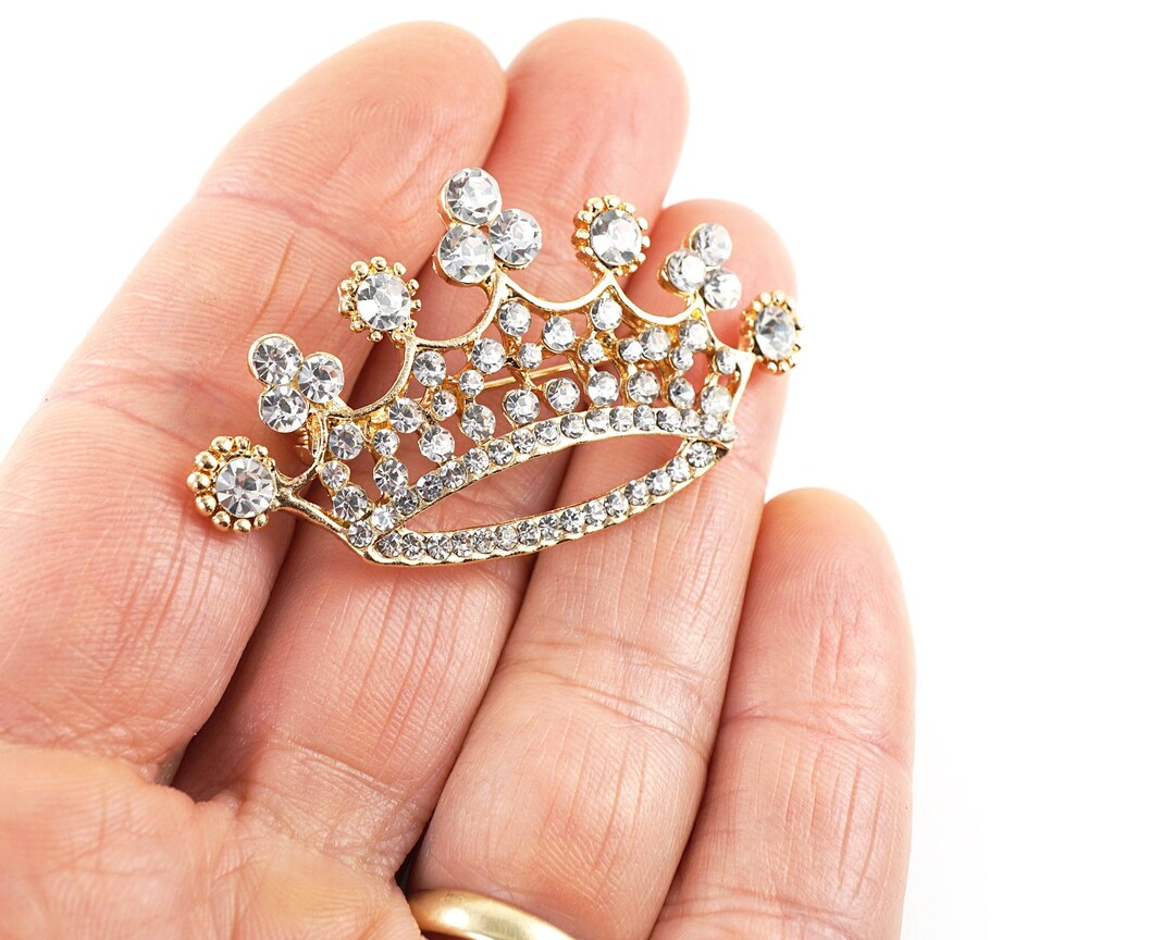 Gold Royal Crown Brooch, Crystal Rhinestone Princess Tiara Pin, Queen ...