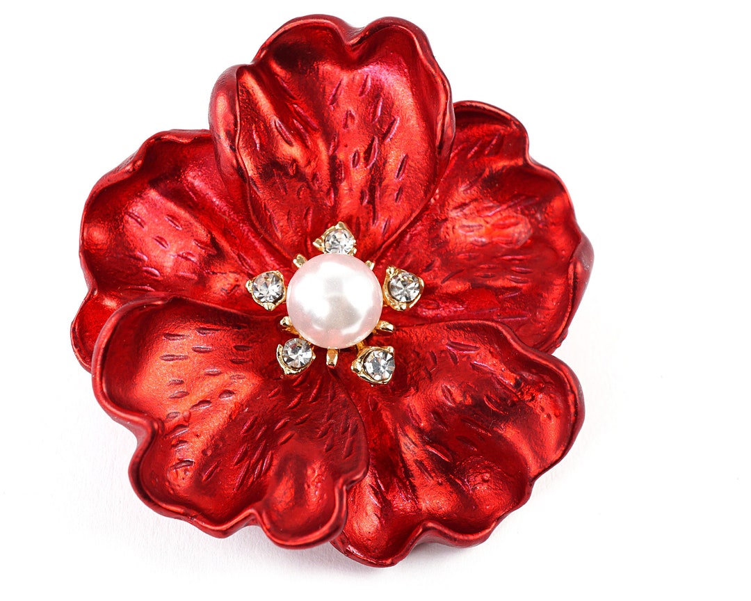 Red Poppy Brooch, Red Flower Brooch, Antique Brooch, Metallic Enamel ...
