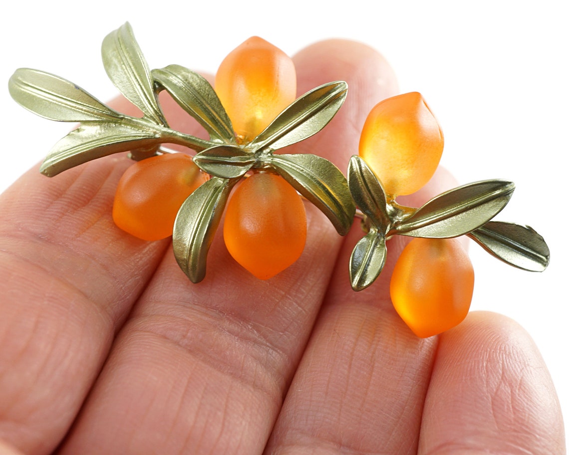 Exquisite Orange Fruit Berries Brooch, Metallic Green Plant Pin ...