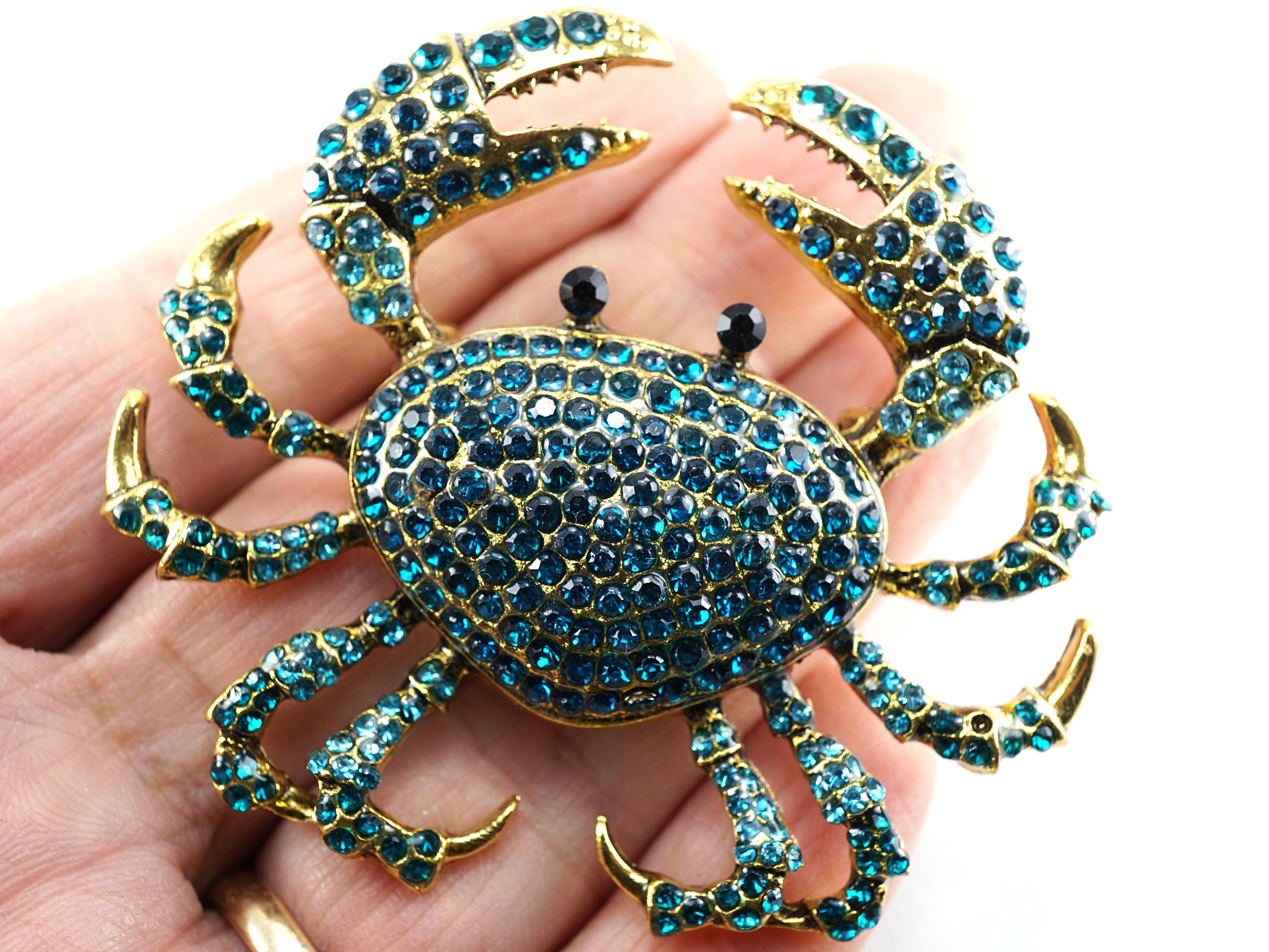Large Blue Crab Brooch, Many Tiny Rhinestones, Gold Crab Pin, Marine ...