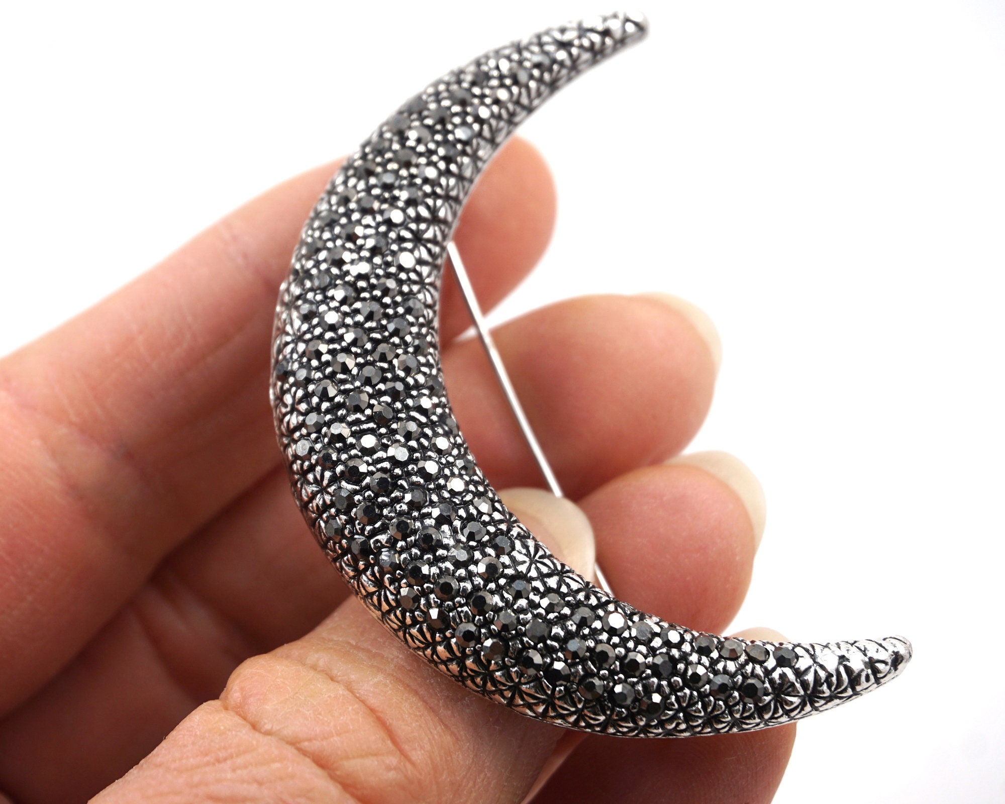 ON VACATION Large Crescent Moon Brooch, Vintage Sparkling Crystal ...