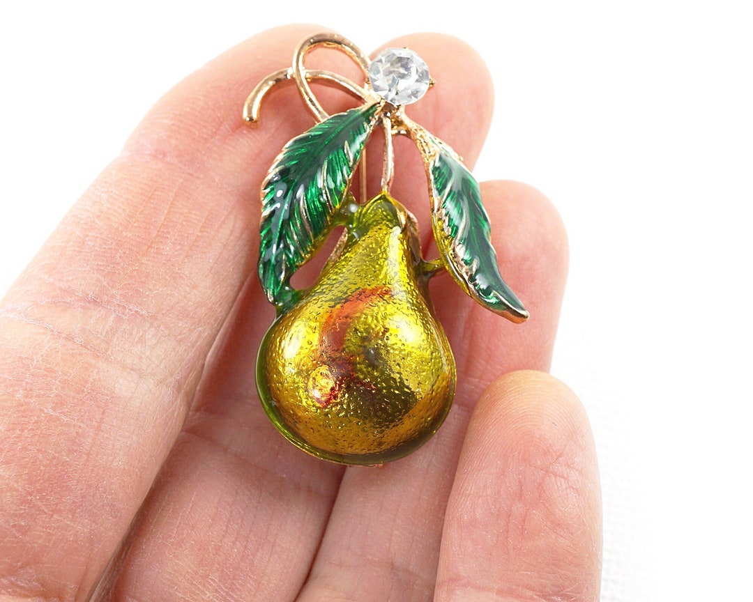 ON VACATION Orange Yellow Pear Brooch, Gold Fruit Pin, Green Enameled ...