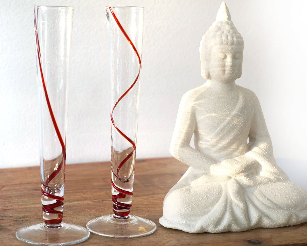 Hand Blown Glass Vase, Red Spiral Ribbon, Small Collectible Art Glass ...