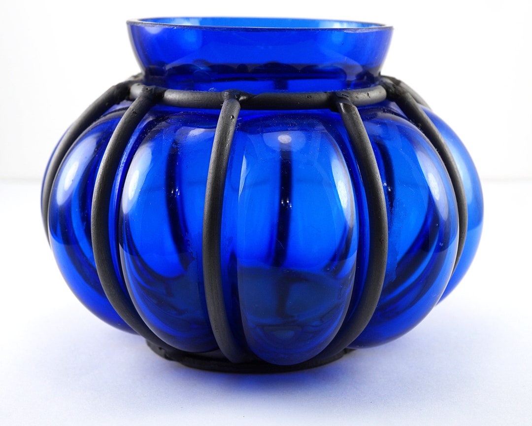 Vintage Hand Blown Glass Lantern, Cobalt Blue Glass in Iron Cage ...