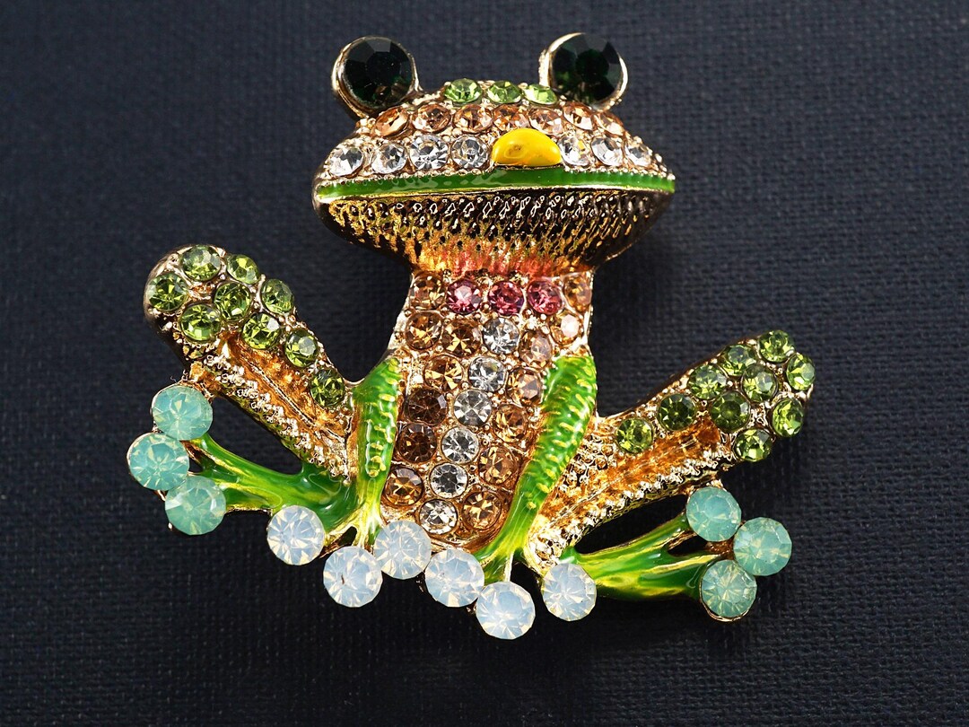 Tiny Green Frog Brooch, Vintage Gold Frog Pin, Tiny Rhinestone Crystal ...