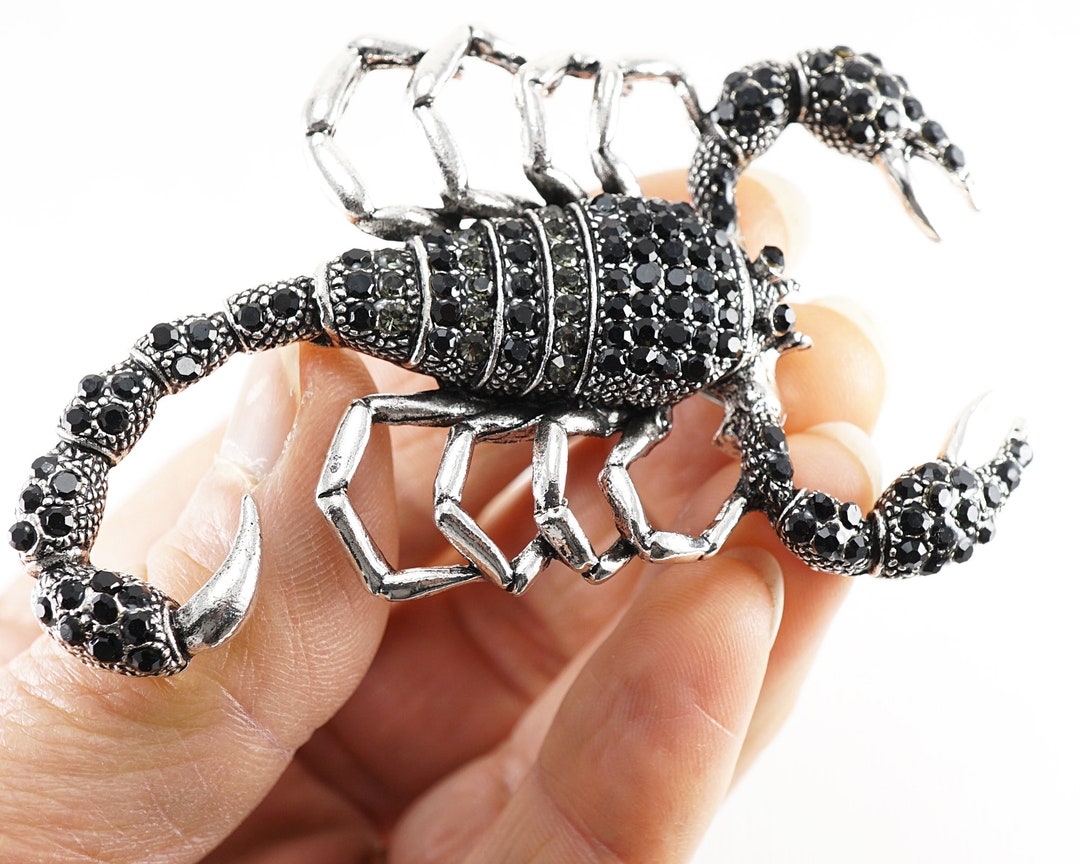 Huge Scorpion Brooch, Moving Tail Scorpion Pin Vintage Black Rhinestone ...