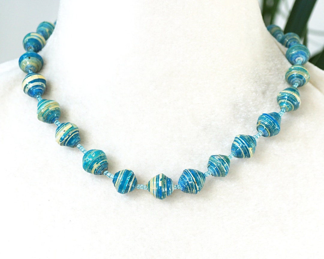 Turquoise Blue Paper Bead Necklace, Handmade Lacquered Beads, Short ...