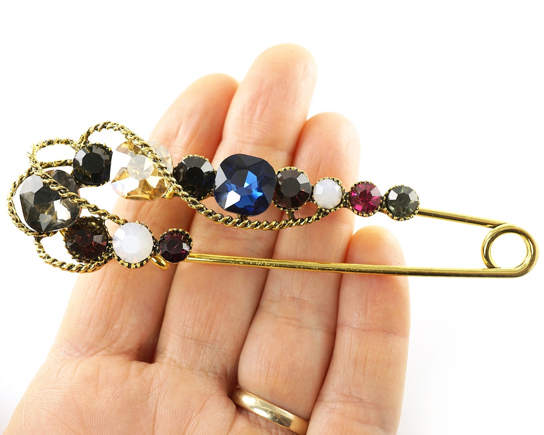 Large Vintage Safety Pin Brooch, Colorful Rhinestones, Long Coat Shawl ...