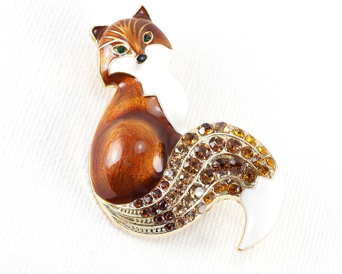 Gold Enamel Fox Pin Rhinestone Fox Tail Brooch Tiny Crystal - Etsy