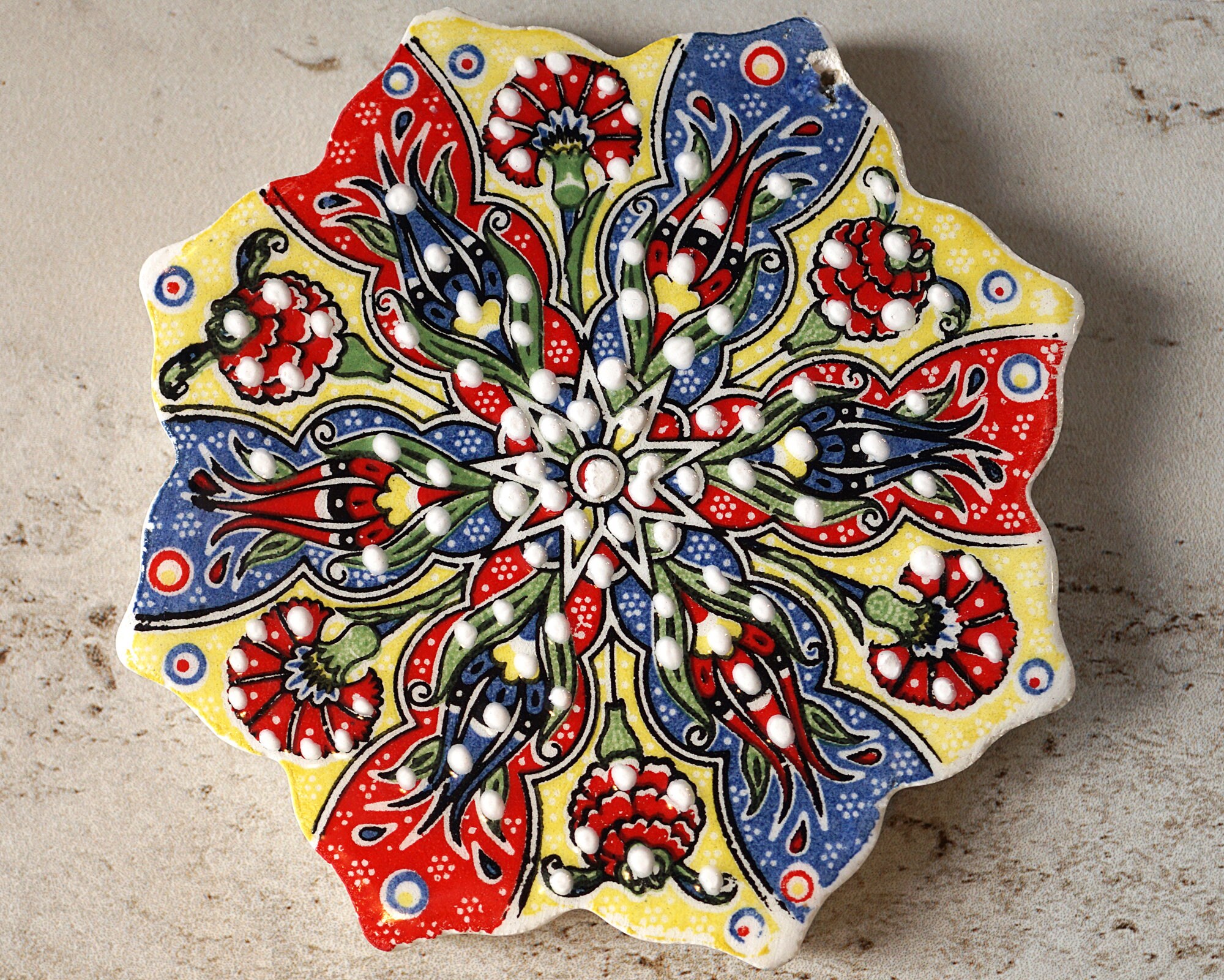 ON VACATION Vintage Ornate Ceramic Coaster, Hand Painted Floral Mandala ...