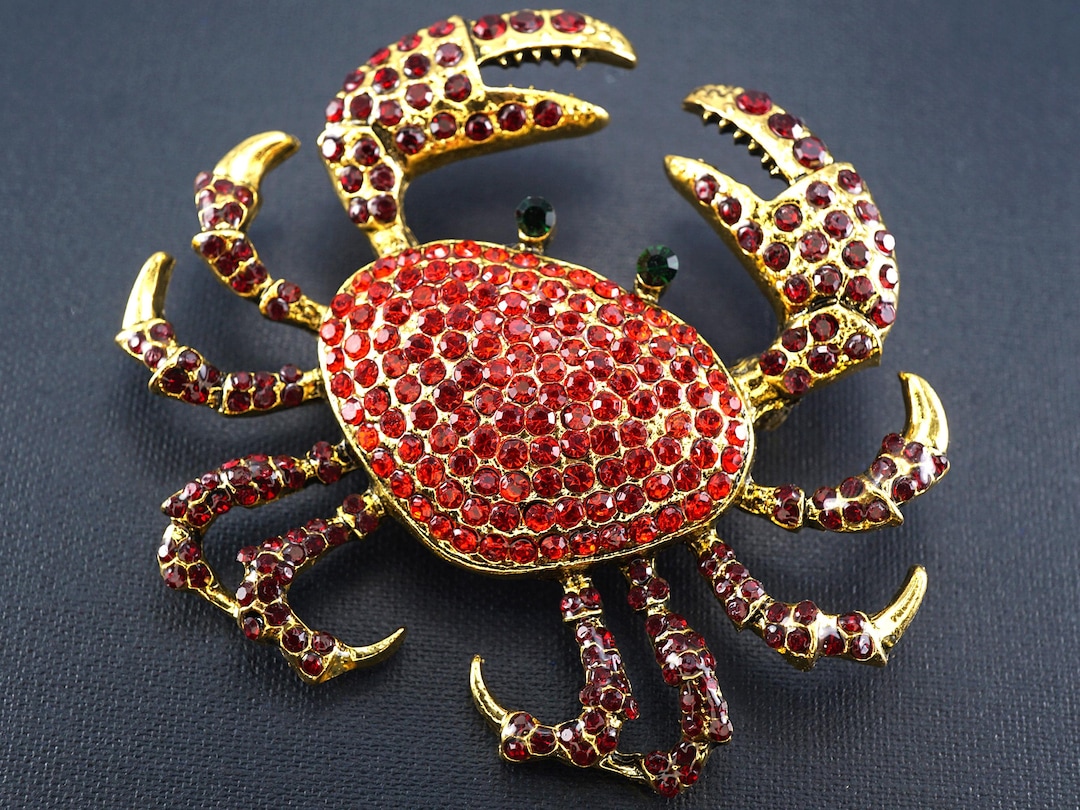 ON VACATION Large Red Crab Brooch, Many Tiny Rhinestones, Gold Crab Pin ...