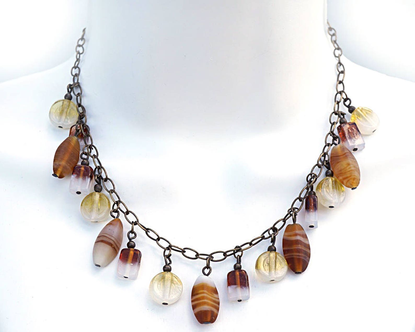 ON VACATION Vintage Jewelry 70s Artisan Glass Charm Necklace Chain Bib ...