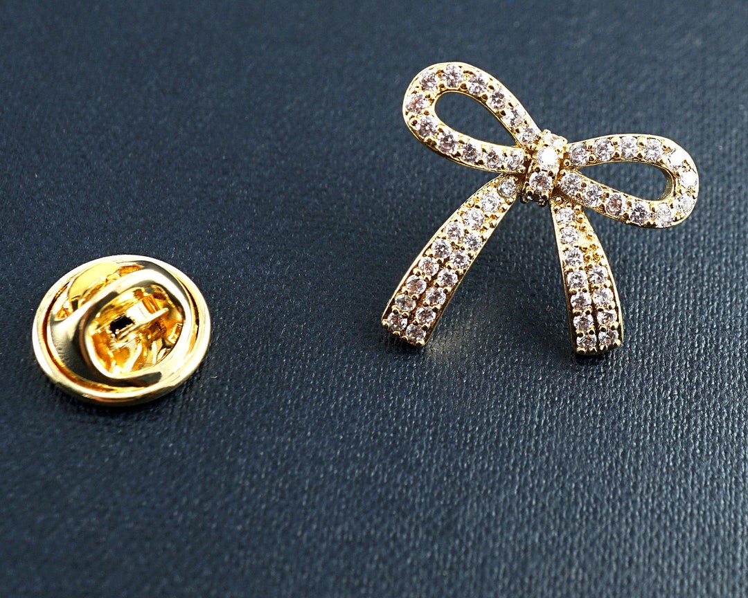 Tiny Gold Bow Pin Brooch, Petite Lapel Pin, Mini Crystal Rhinestones ...