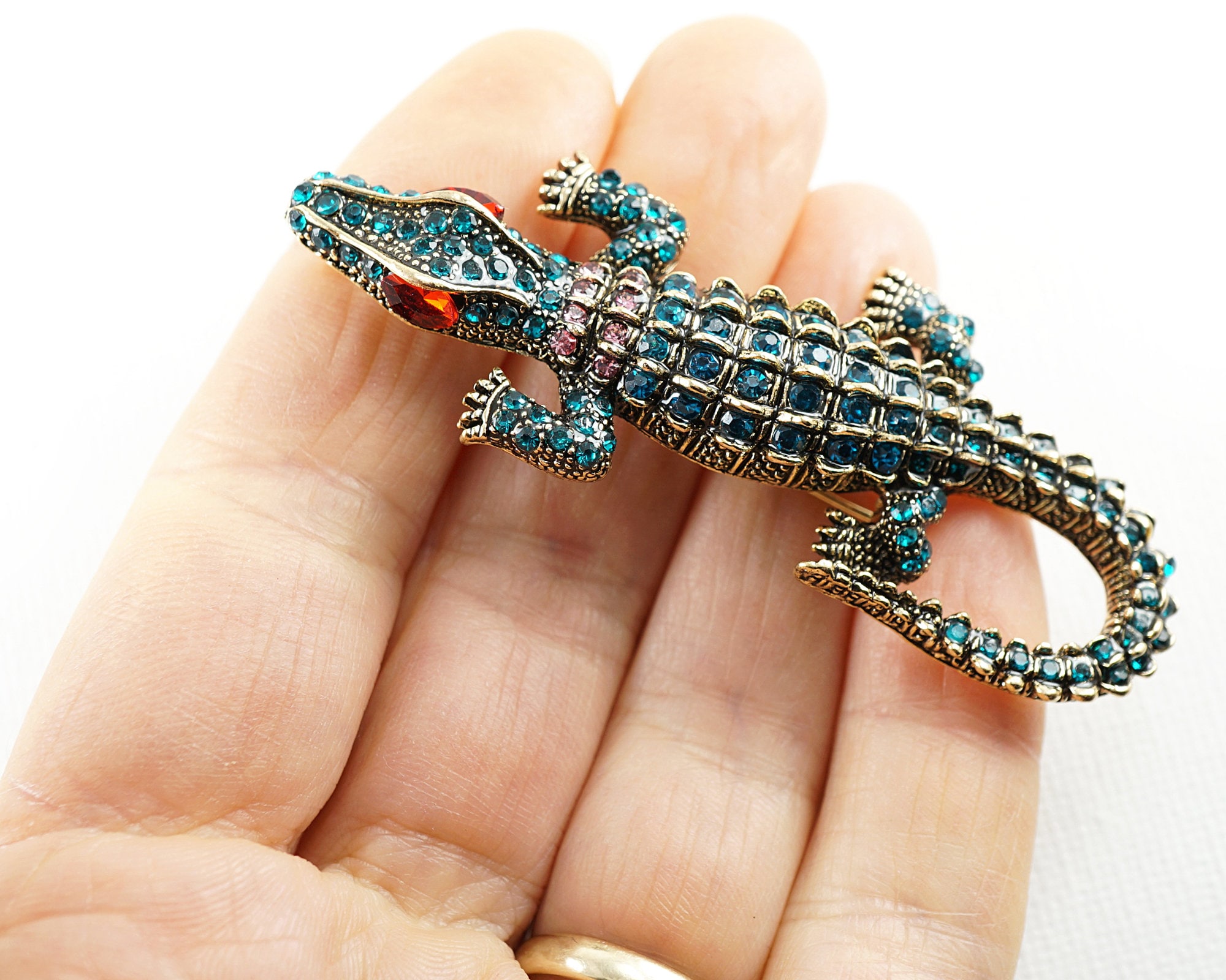 ON VACATION Large Alligator Brooch, Lizard Brooch, Teal Green ...