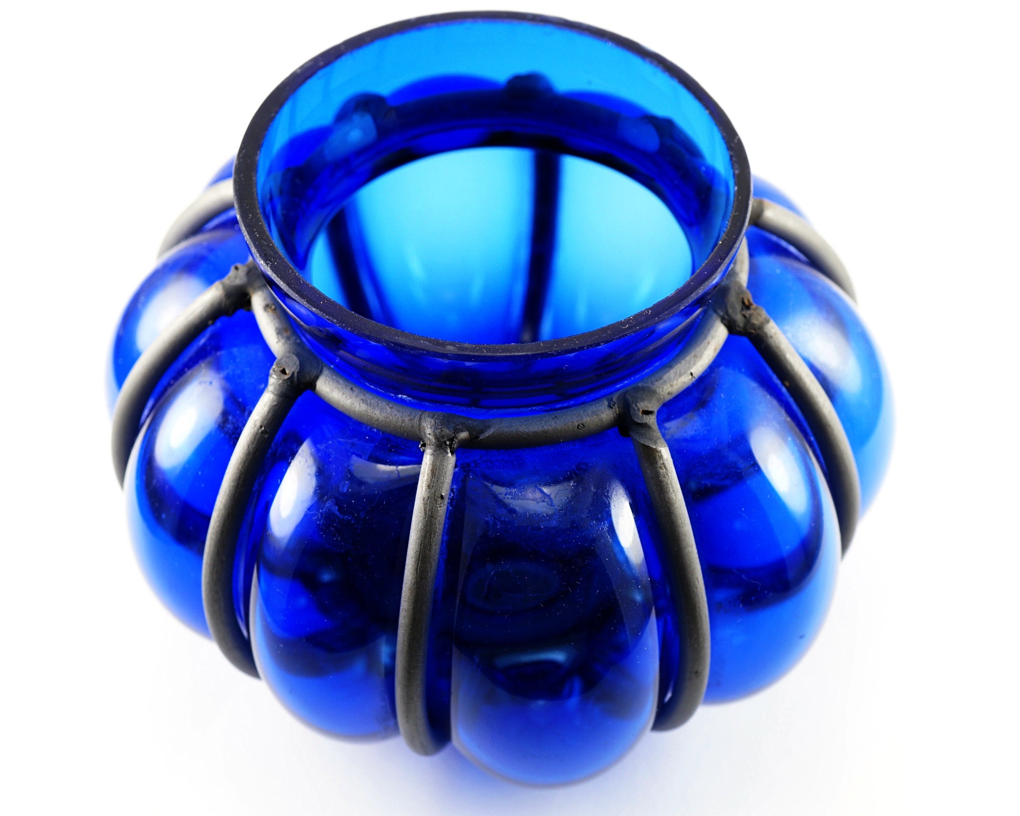 Vintage Hand Blown Glass Lantern, Cobalt Blue Glass in Iron Cage ...