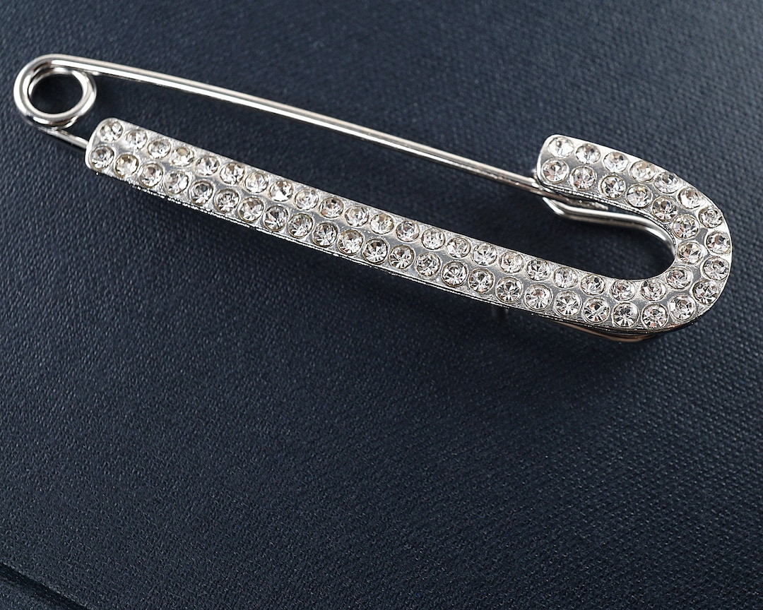 Silver or Gold Safety Pin Brooch, Double Row of Tiny Rhinestones, Long ...