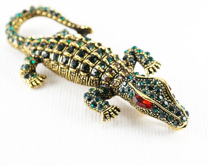Large Alligator Brooch Lizard Brooch Green Rhinestone Animal - Etsy
