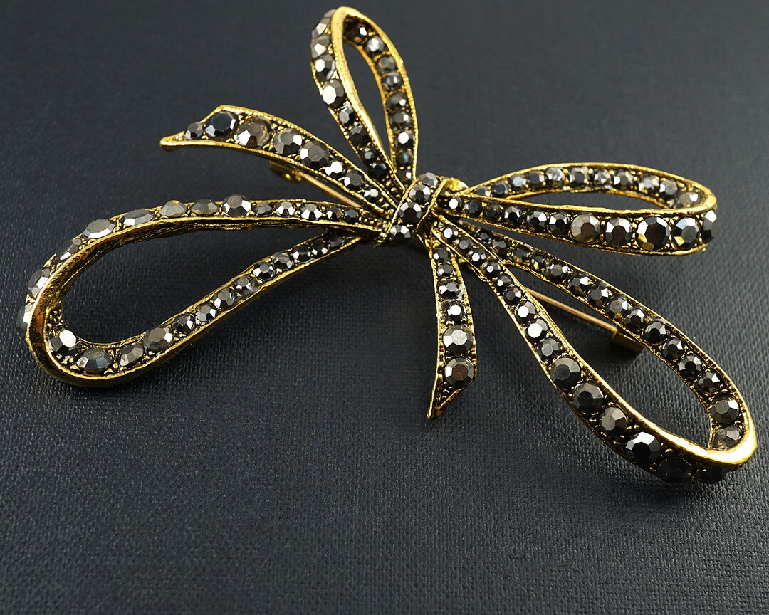 Vintage Bow Brooch, Antique Dark Silver or Gold Bow Pin, Tiny Pave ...