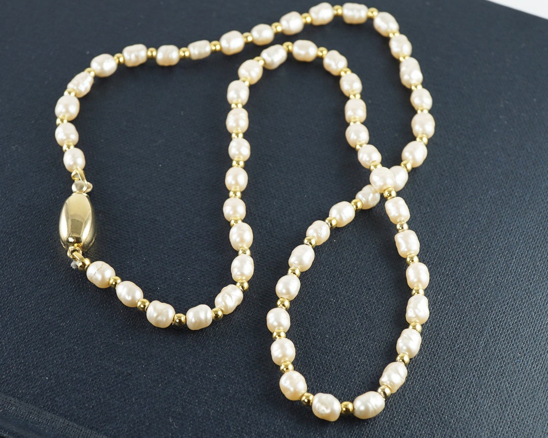 Tiny Genuine Pearl Necklace, Real Natural Oval Pearls, Small Gold Beads ...