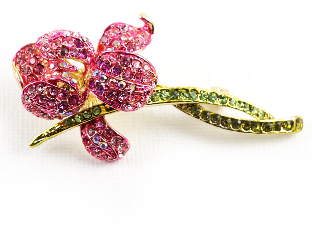 Pretty Pink Orchid Brooch, Pink Flower Pin, Tiny Pave Rhinestone Flower ...