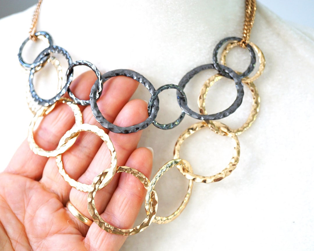 Layered Black Gunmetal and Gold Chain Necklace, Big Hammered Circle ...