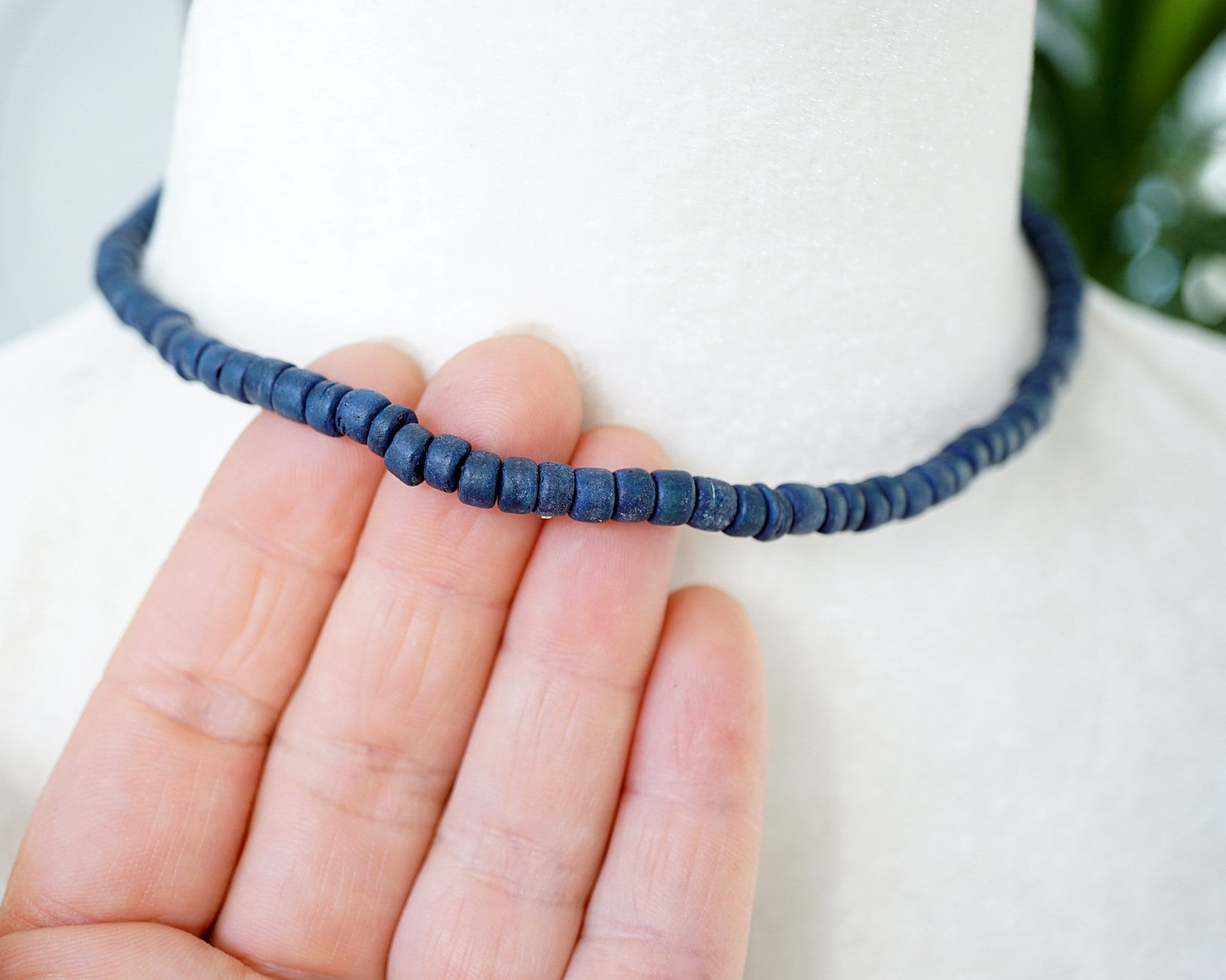Dark Blue Choker, Short Stretchy Necklace, Heishi Ceramic Beads Unisex ...