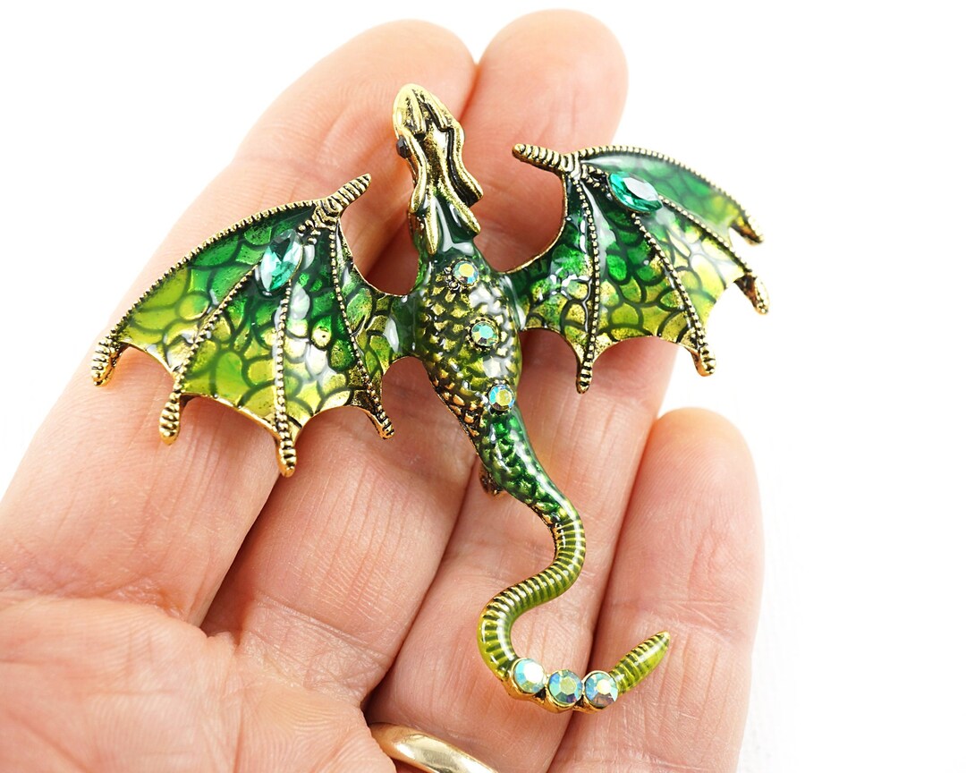 Green Dragon Brooch, Gold Flying Dragon Pin, Rhinestone Brooch Pendant ...