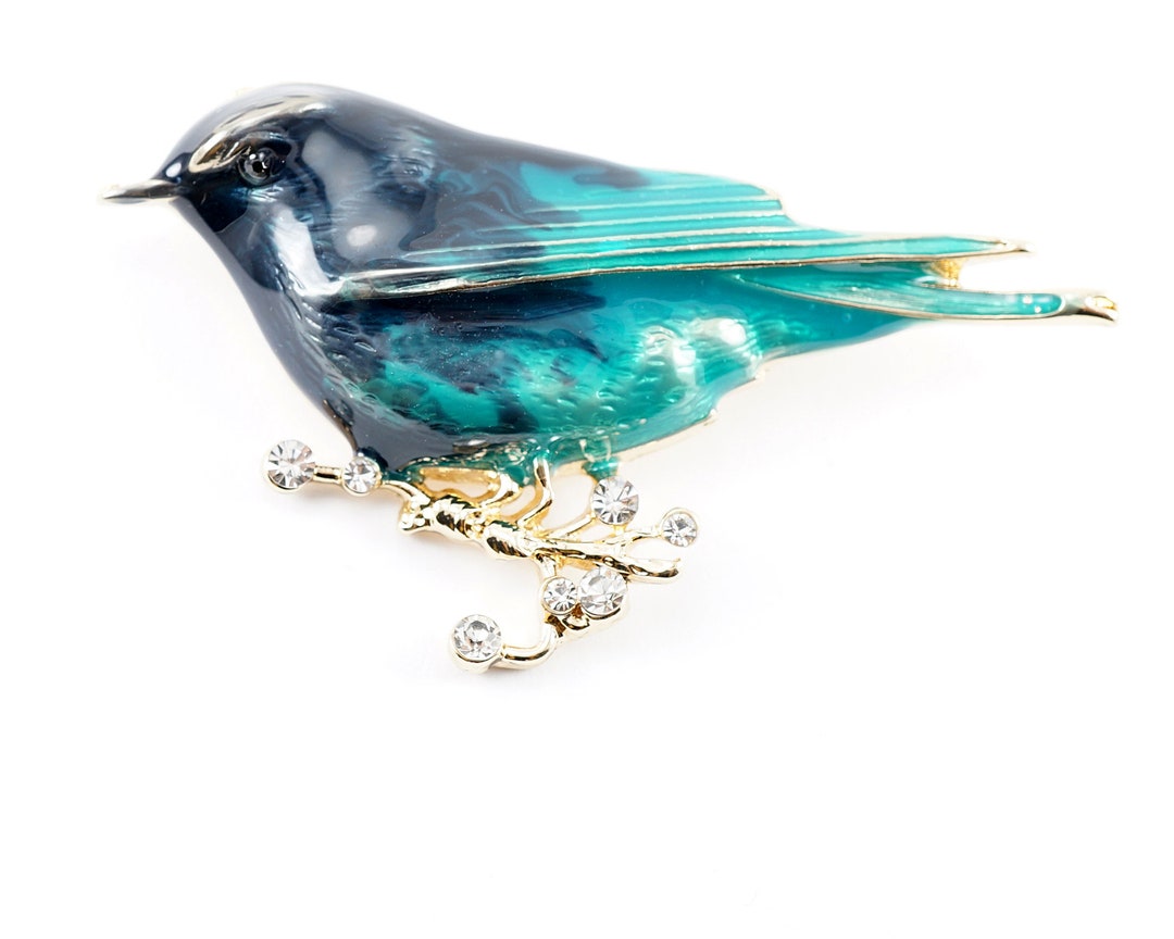 Blue Bird Brooch, Gold Bird Pin, Turquoise Enamel Brooch, Verdigris ...